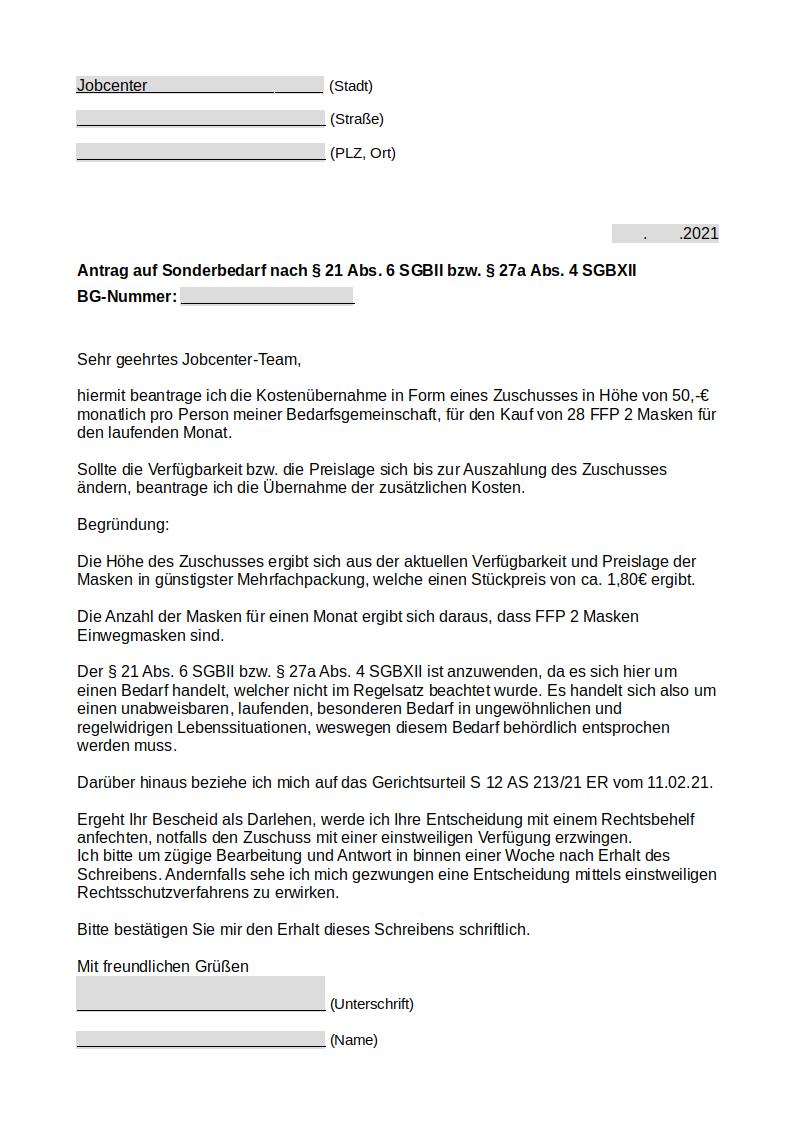 Hartz 4 Sonderbedarf Antrag Muster